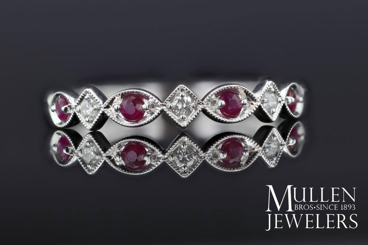 Ruby Birthstone Diamond Ring 10K White Gold | Mullen Jewelers