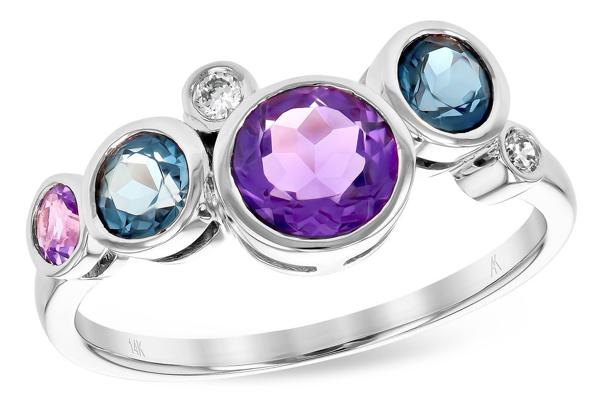 14K White Gold Blue Topaz, Amethyst And Diamond Bubble Ring