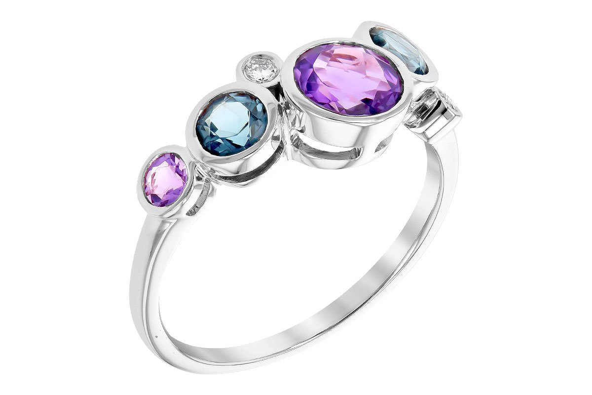 14K White Gold Blue Topaz, Amethyst And Diamond Bubble Ring